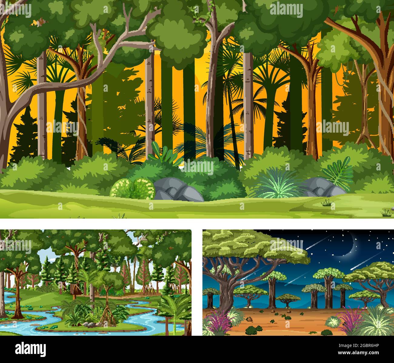 Set of different forest horizontal scenes illustration Stock Vector ...
