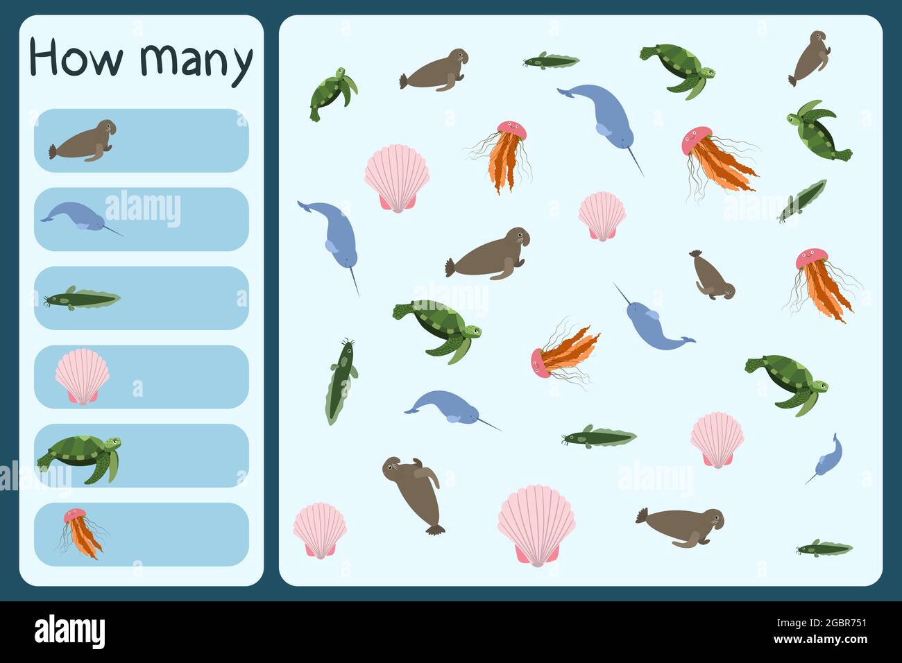 Kids mathematical mini game - count how many sea animals - sea elephant ...