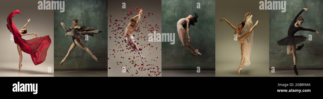 Collage of portraits of male and female ballet dancers dancing isolated ...