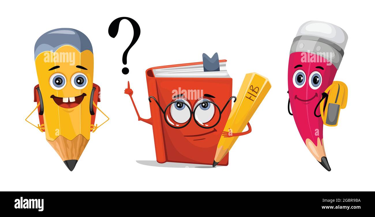 Set of cute educational subjects book and pencil characters. School ...