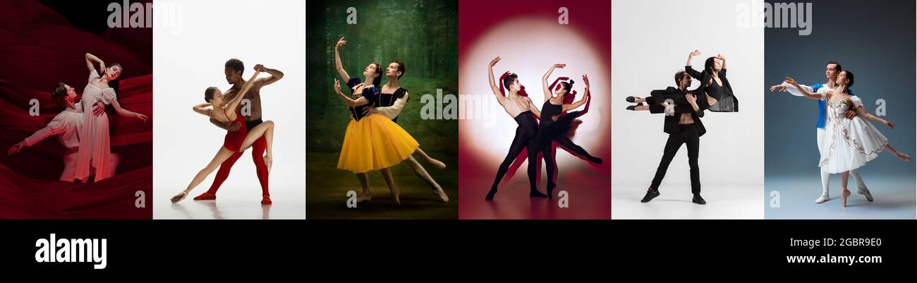 Composite image of portraits of 6 ballet dancers couples in theater ...