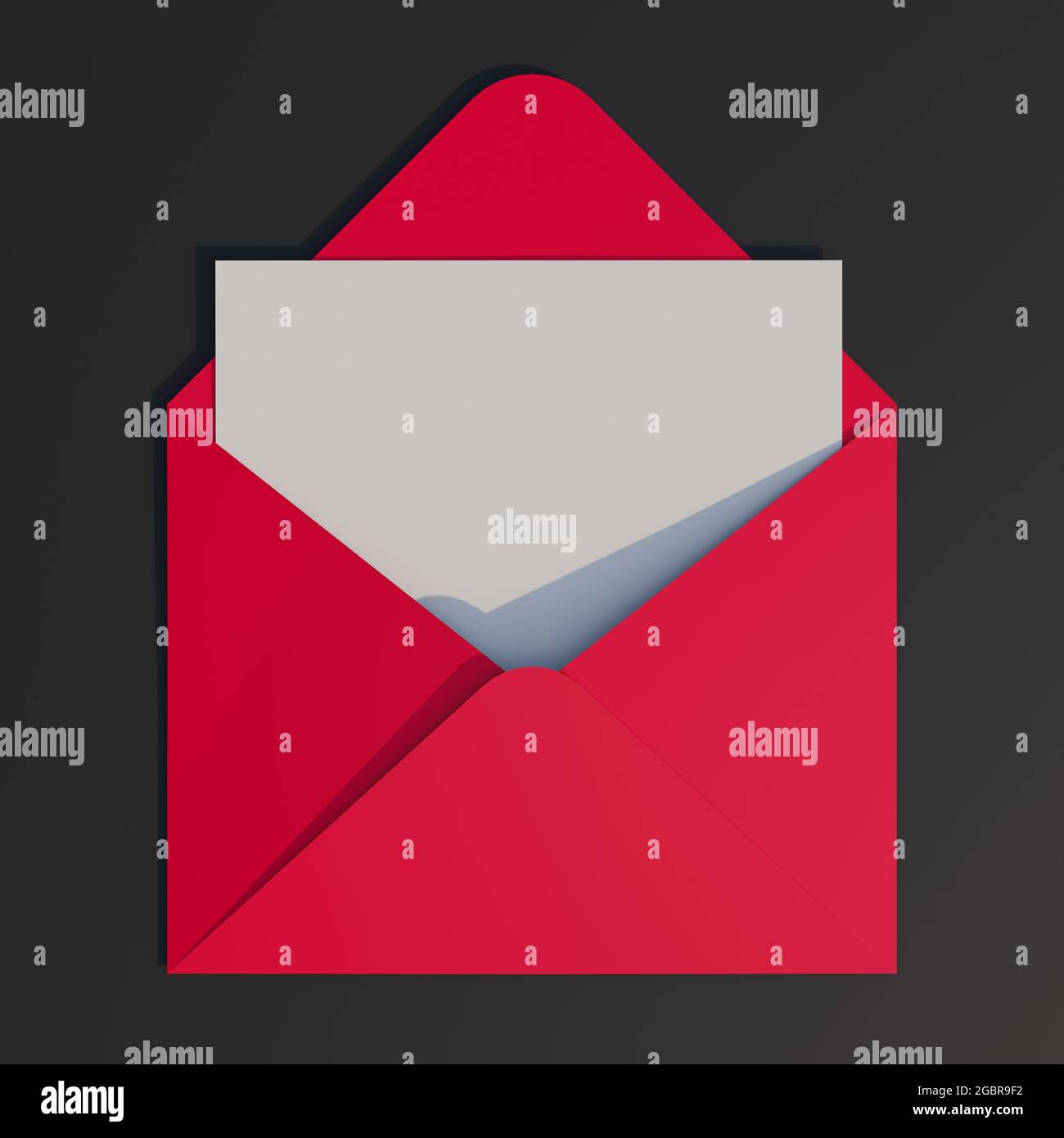 Open red envelope with white paper sheet inside it. Isolated in black ...