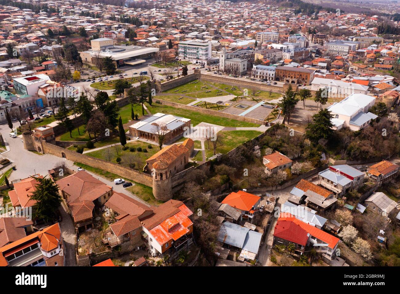 Aerial view of Telavi cityscape with Batonis Tsikhe Castle Stock Photo ...