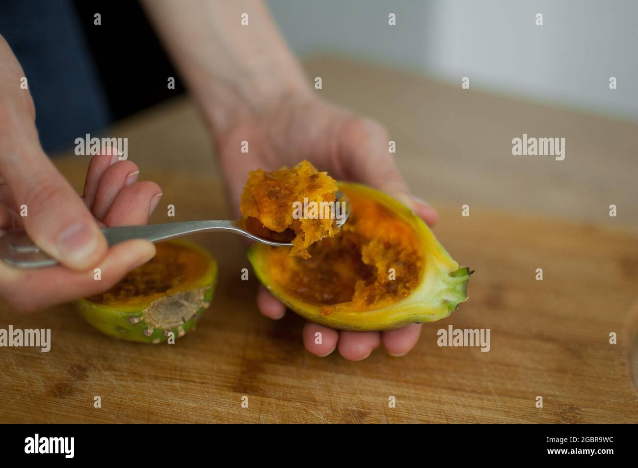 Female eats fresh organic ripe cactus pear or opuntia with a spoon ...