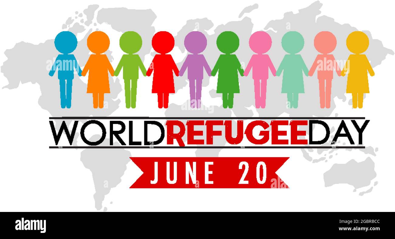 World Refugee Day banner with different colour people sign on world map ...