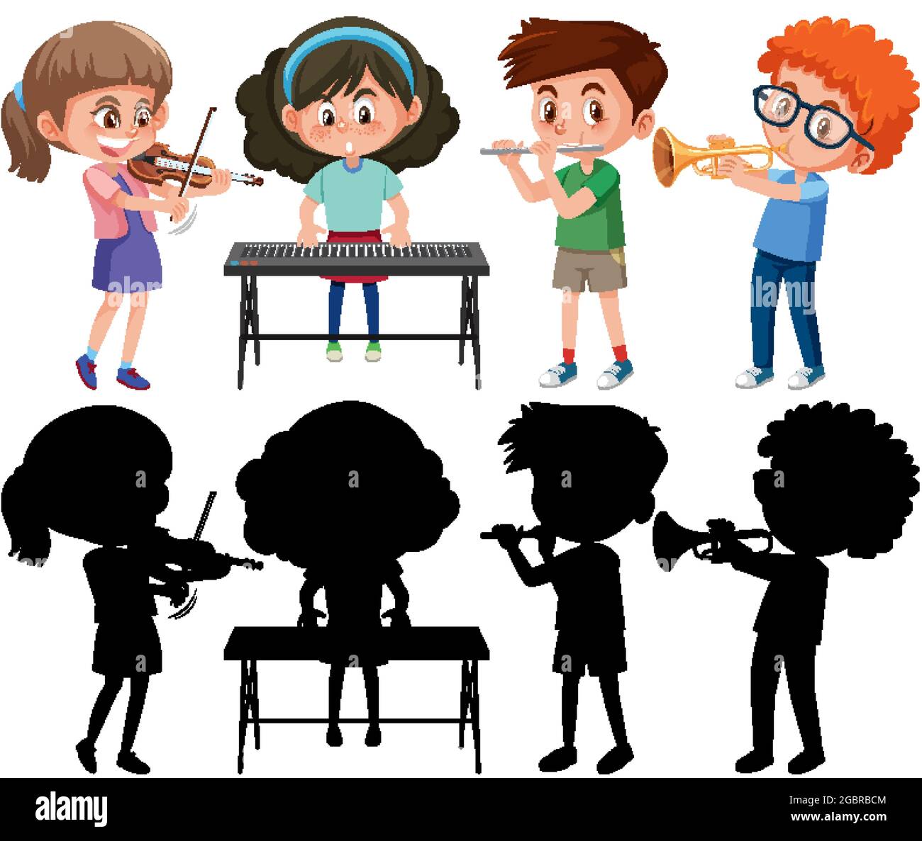 Set of different kids playing musical instruments with silhouette ...