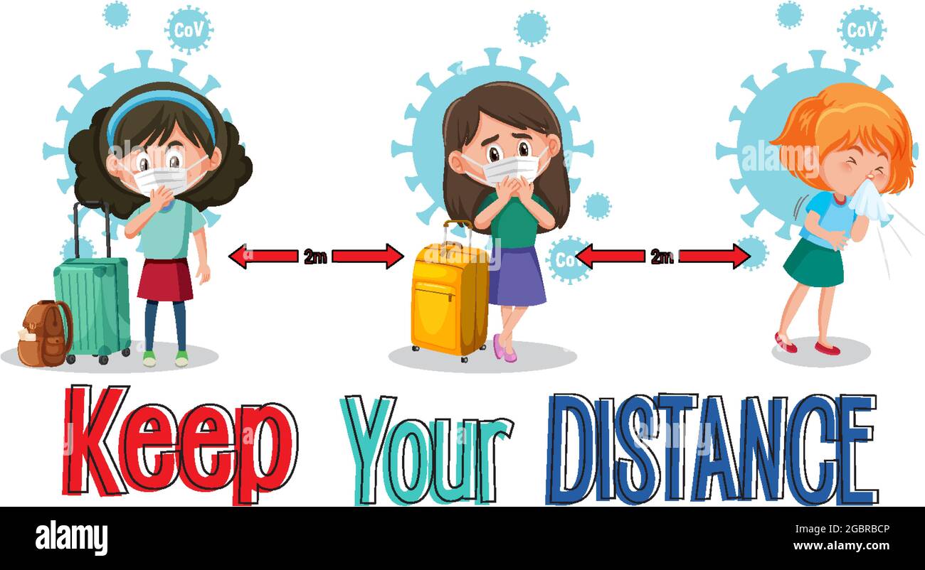 Keep your distance banner with cartoon character illustration Stock ...