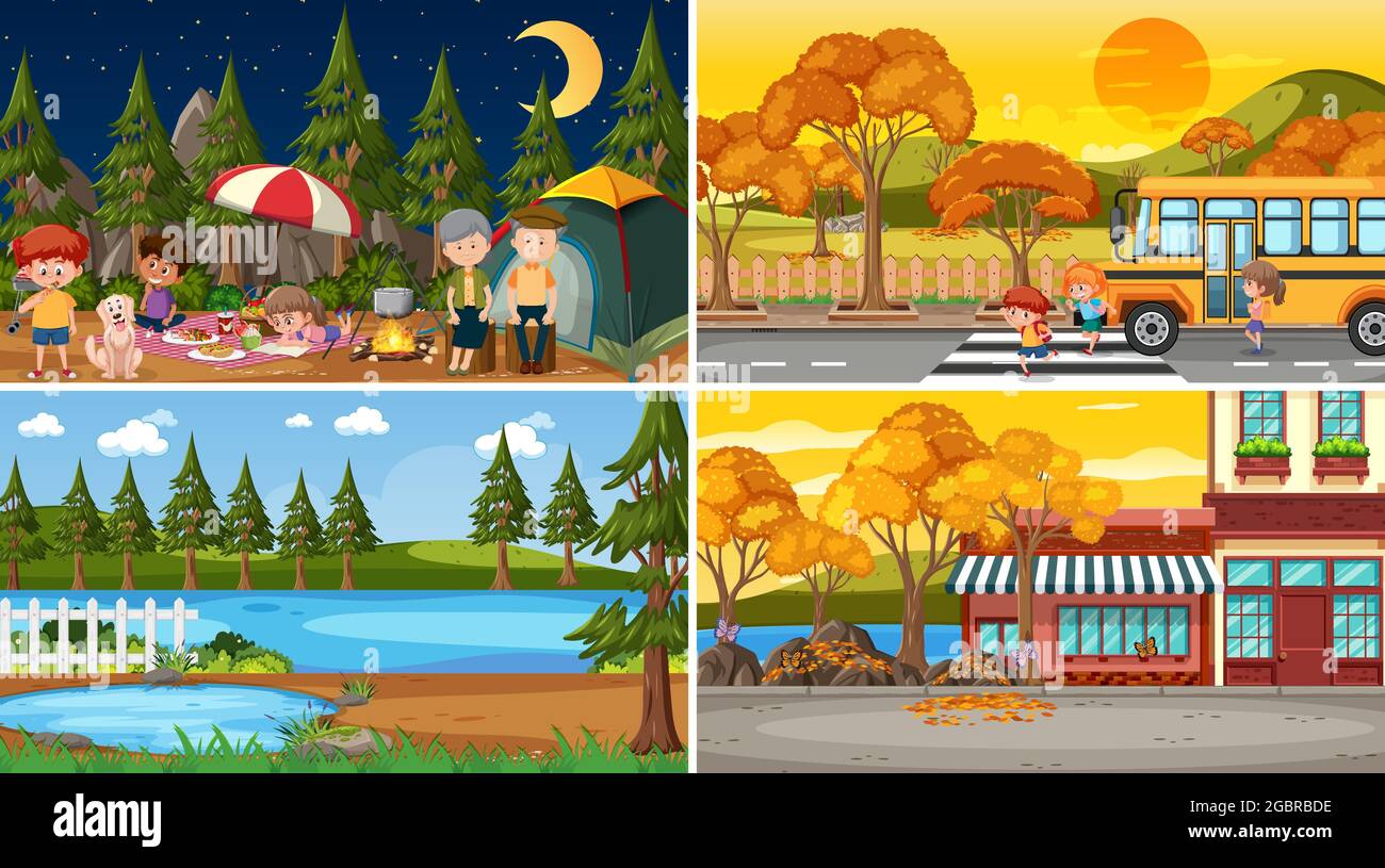 Four different scenes with children cartoon character illustration ...