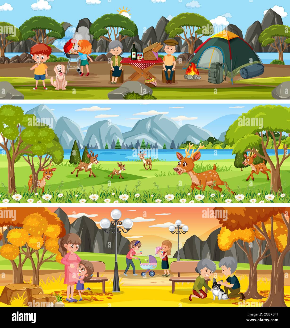 Different nature landscape at daytime scene with cartoon character ...