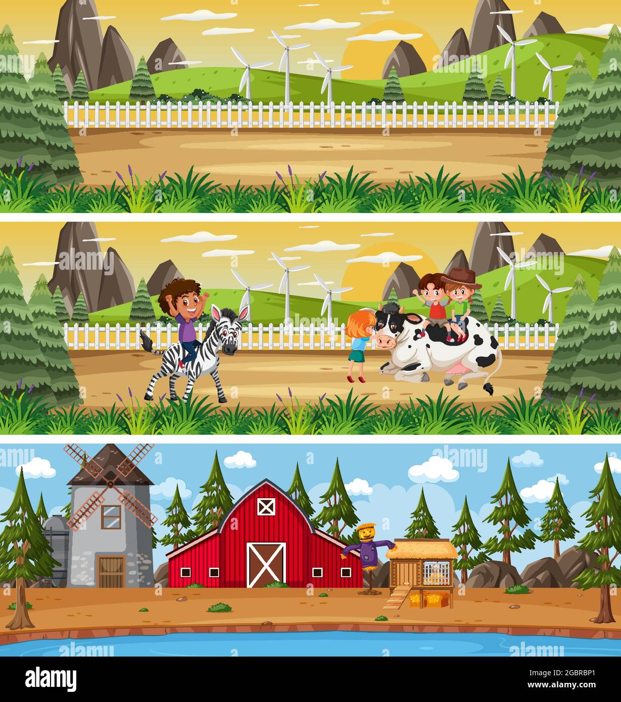 Different nature landscape at daytime scene with cartoon character ...