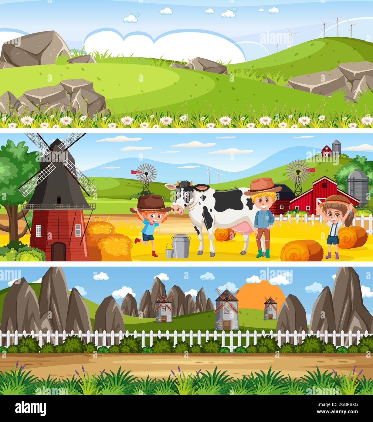 Different nature landscape at daytime scene with cartoon character ...