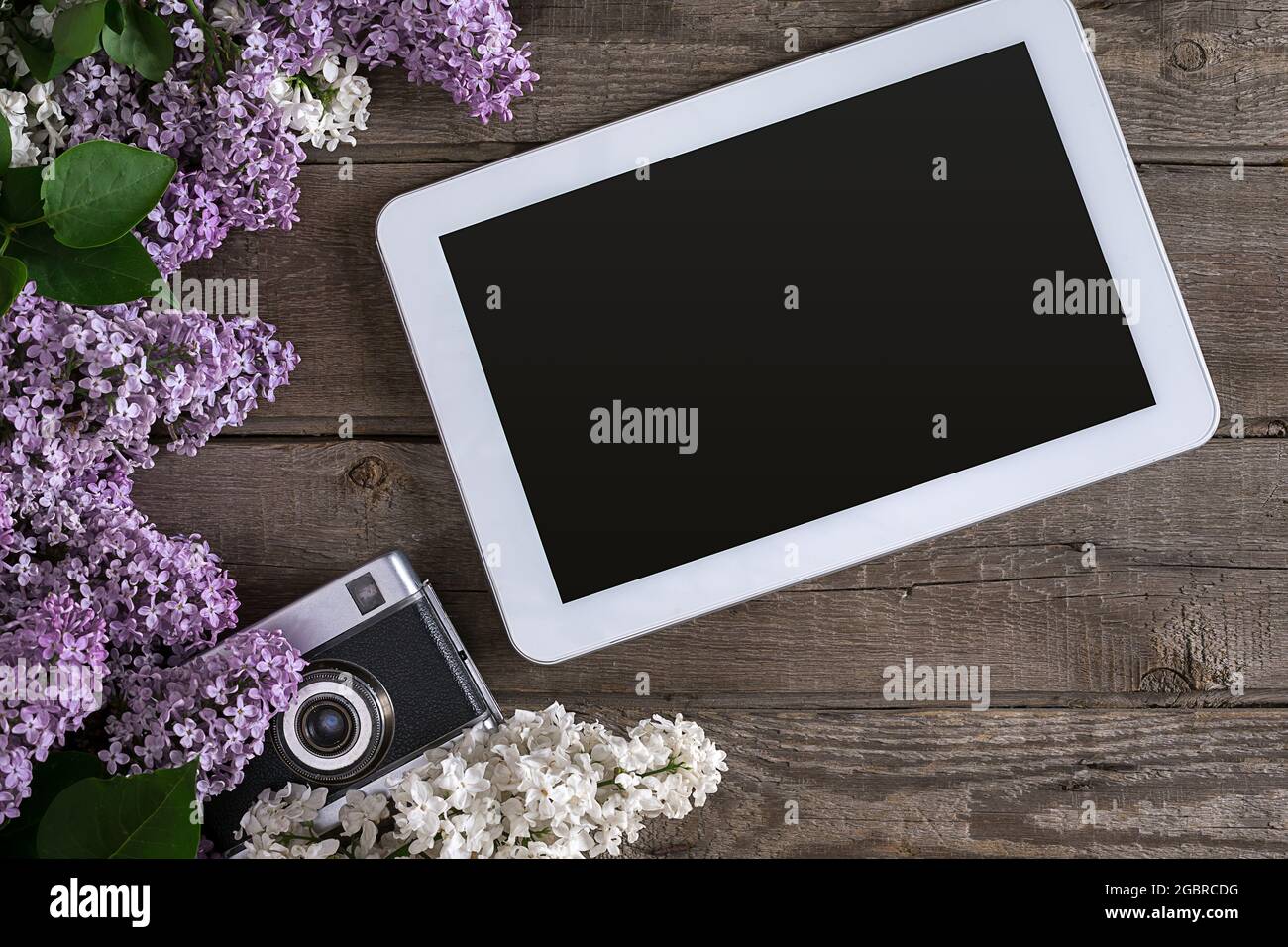 Lilac blossom on rustic wooden background, tablet with empty space for ...