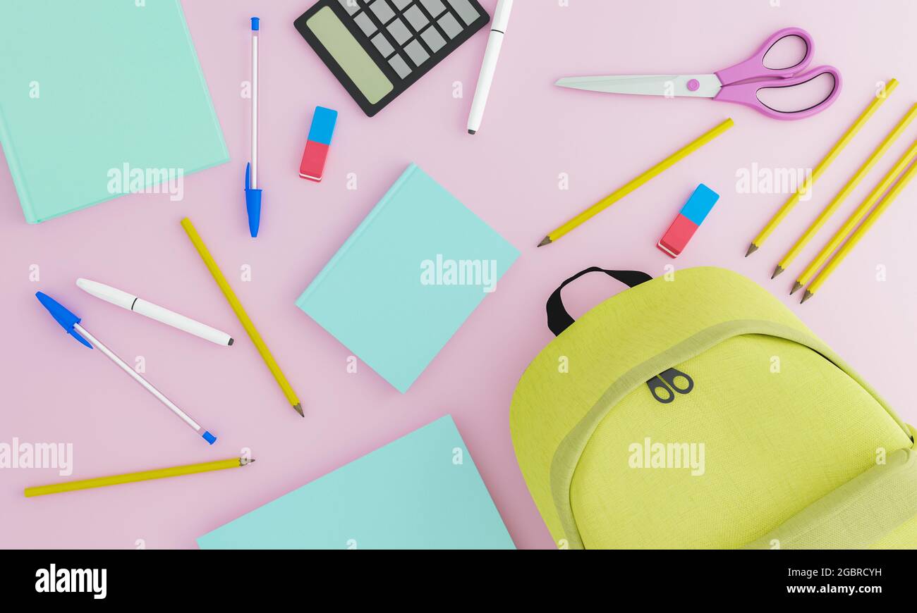 messy school supplies on a pastel pink background with a yellow ...