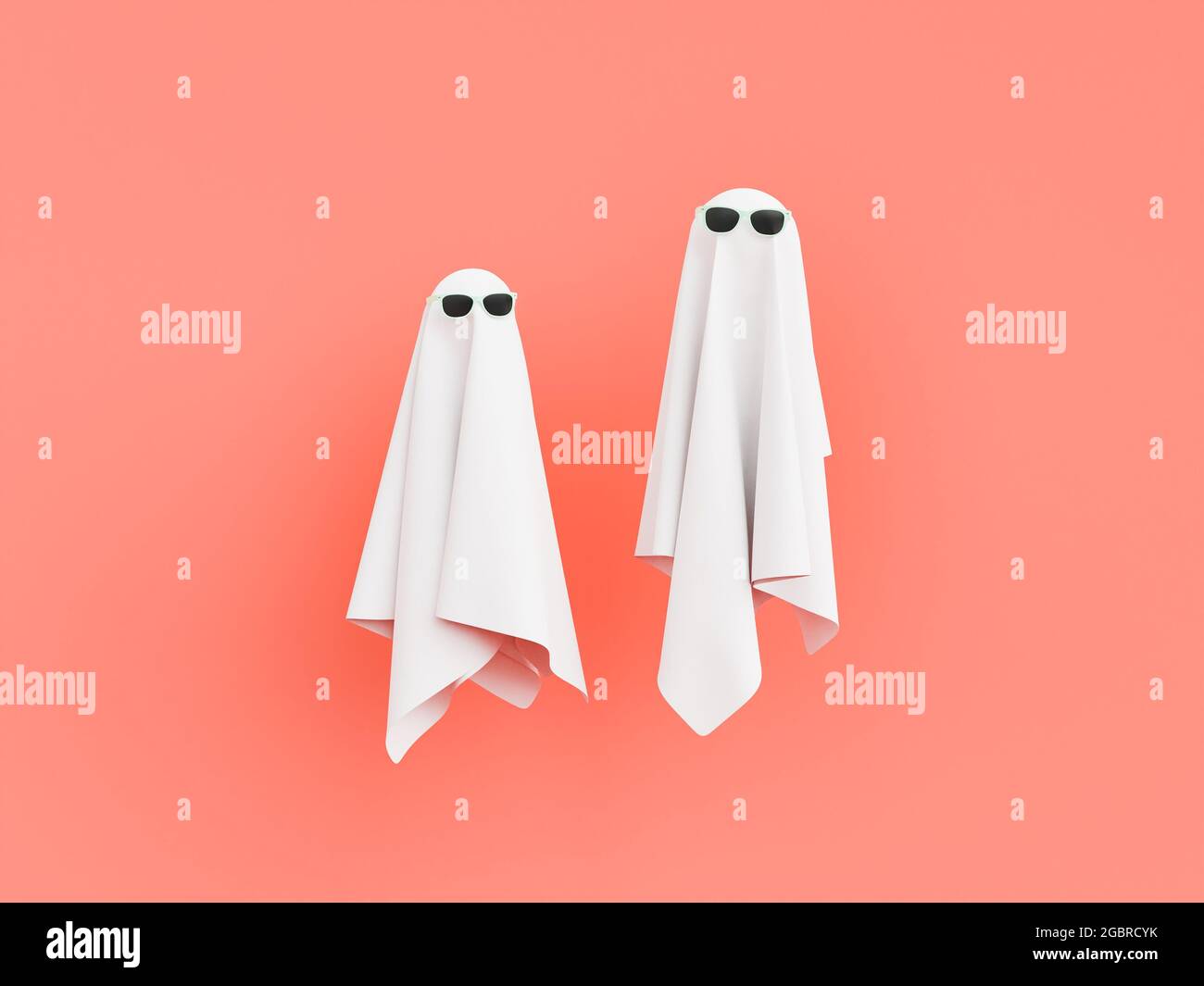 two cloth ghosts with sunglasses on red pastel background. minimal ...