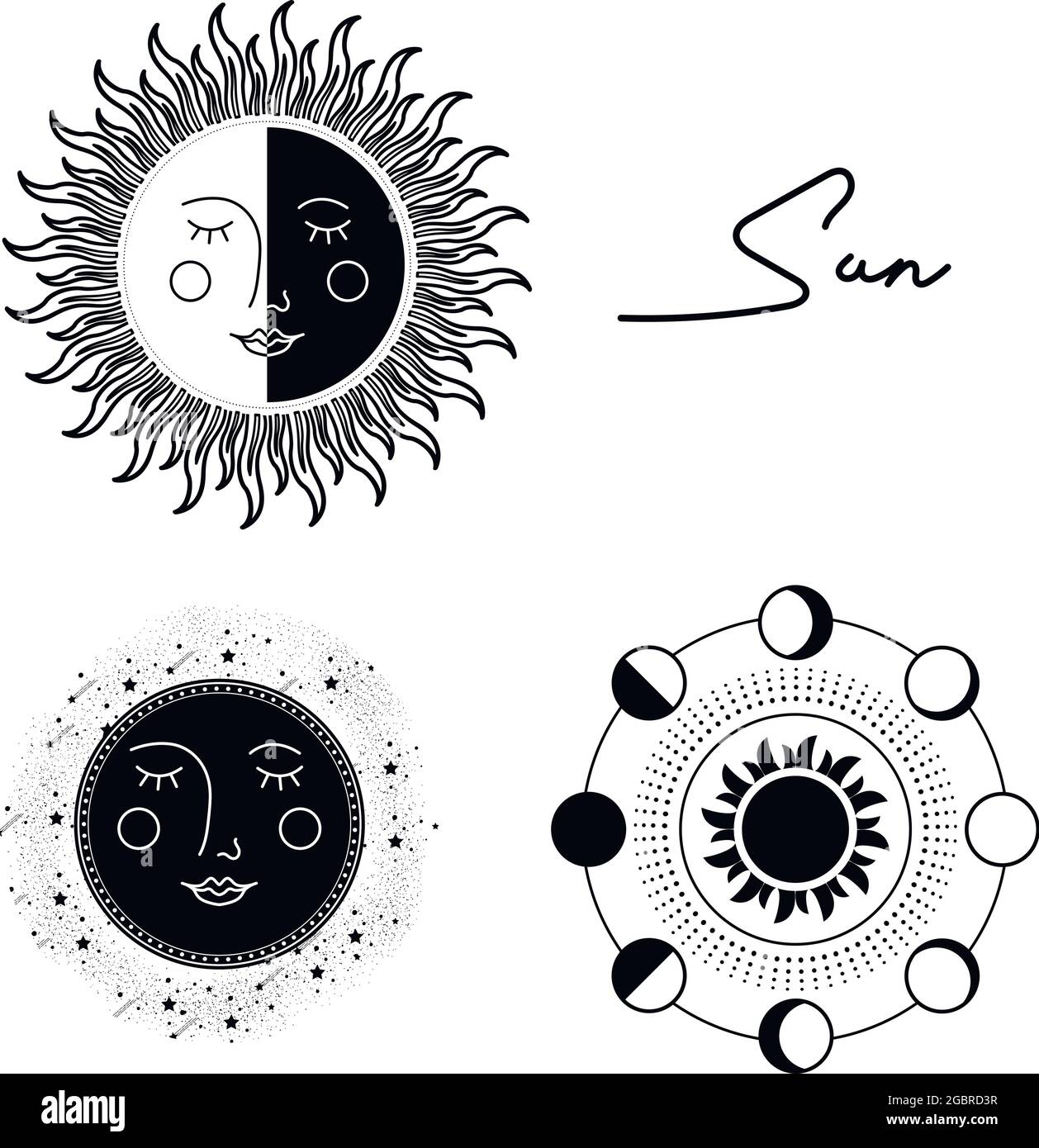 Set of sun. Alchemy mystical magic elements for prints, posters, illustrations and patterns ...