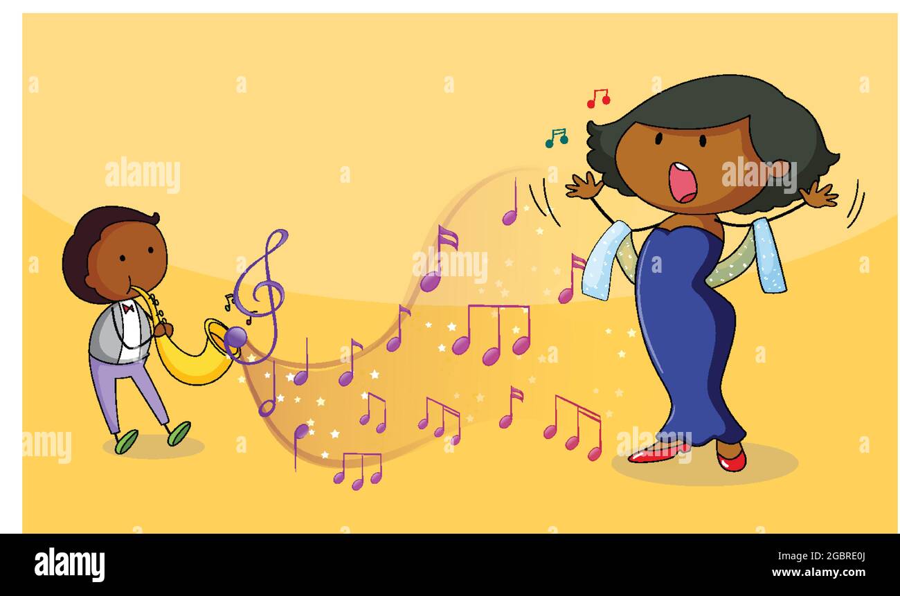 Doodle cartoon character of a singer woman singing with musical melody ...