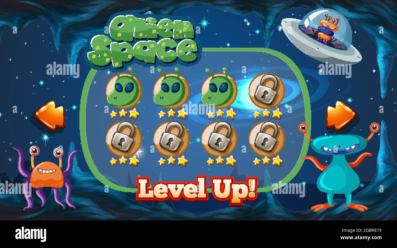 Level up screen game with alien and ufo theme template illustration ...