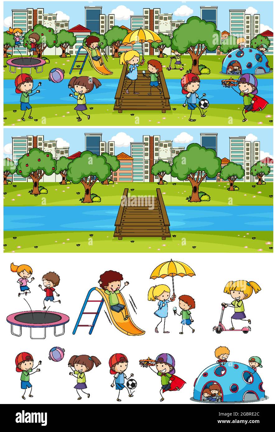 Set of different horizontal scenes background with doodle kids cartoon ...