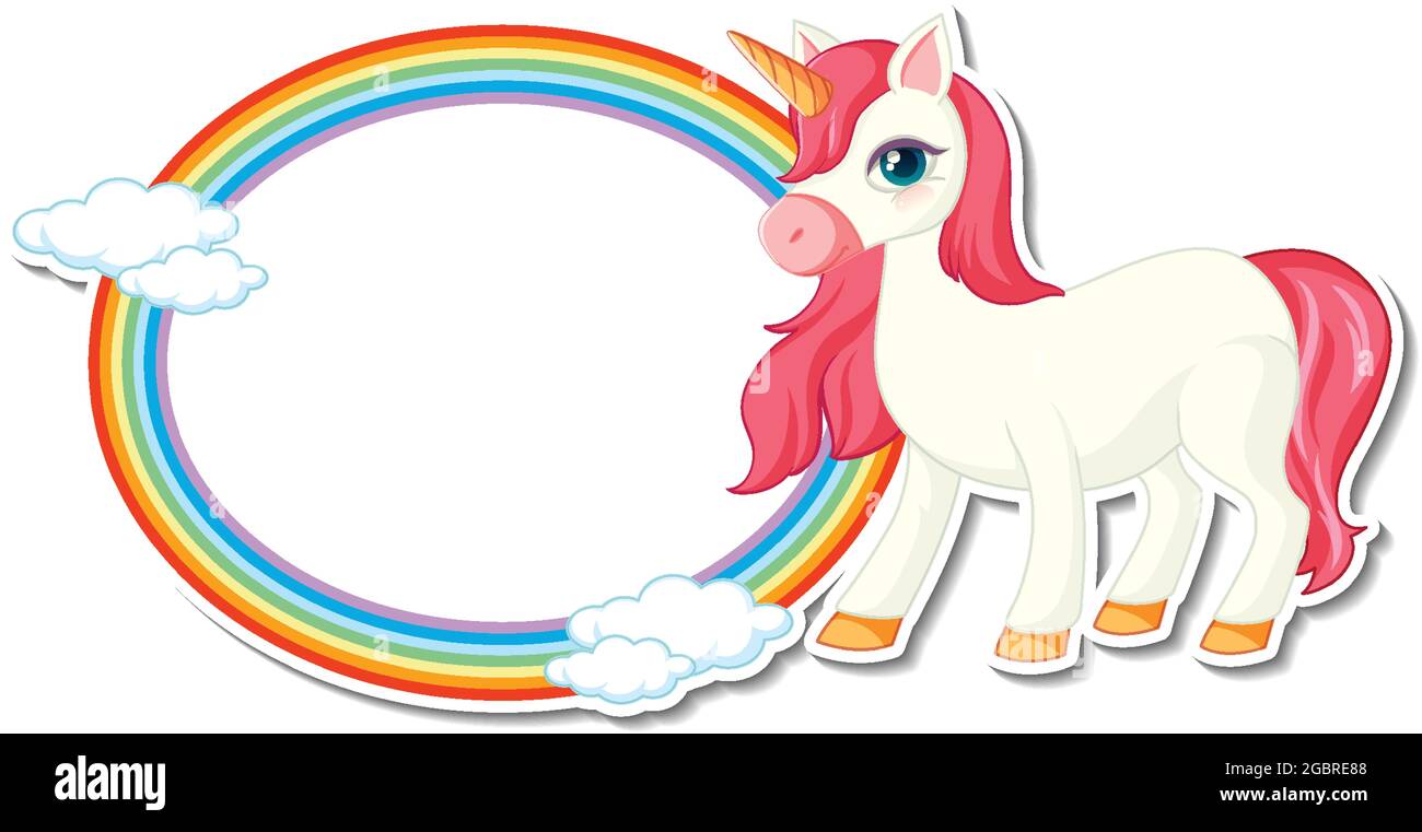 Cute unicorn stickers with blank rainbow frame template illustration ...