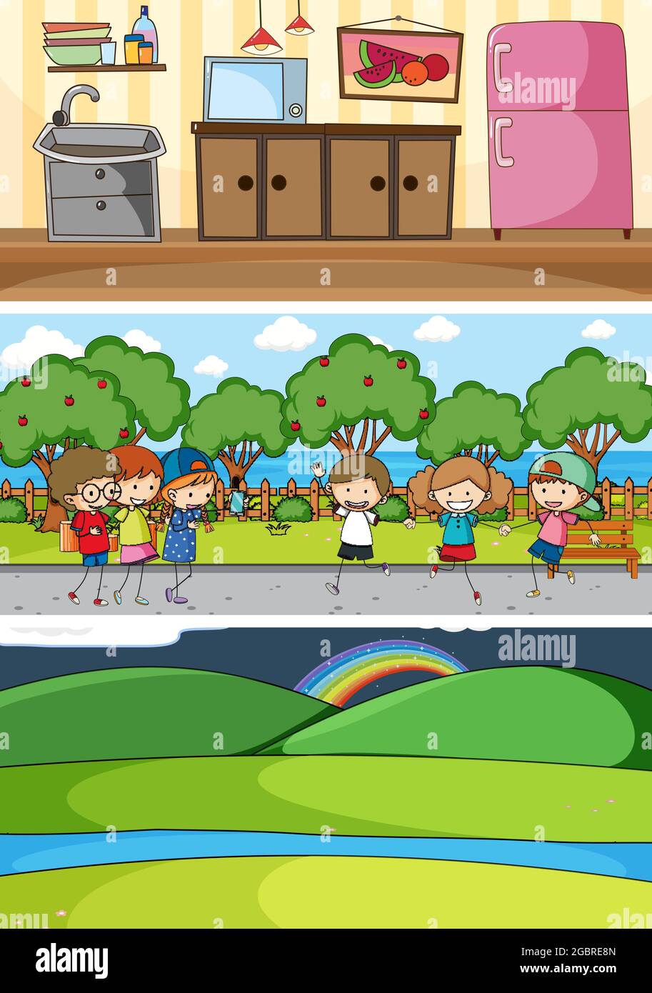 Set of different horizontal scenes background with doodle kids cartoon ...