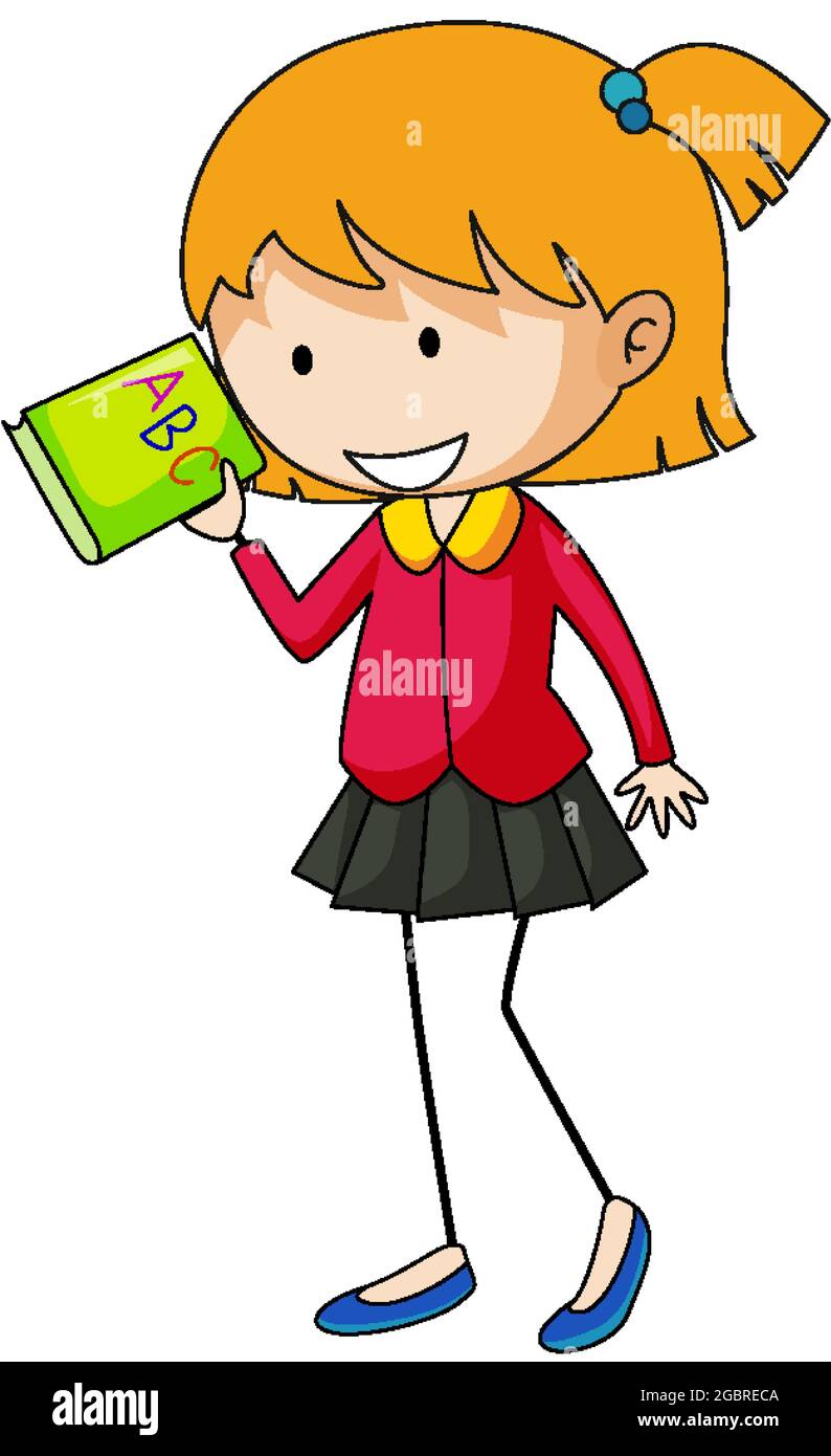 Cute girl holding book doodle cartoon character illustration Stock ...
