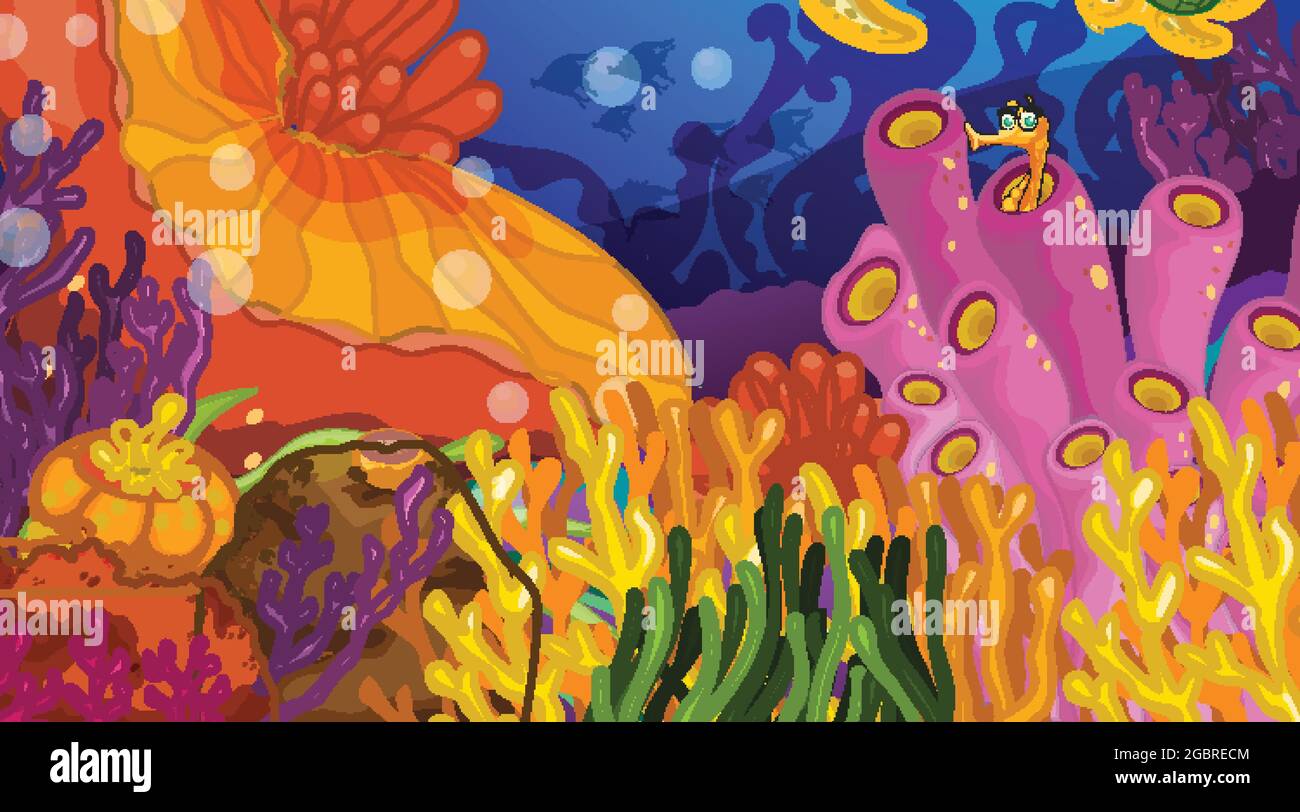 Underwater scene with various tropical coral reef illustration Stock ...