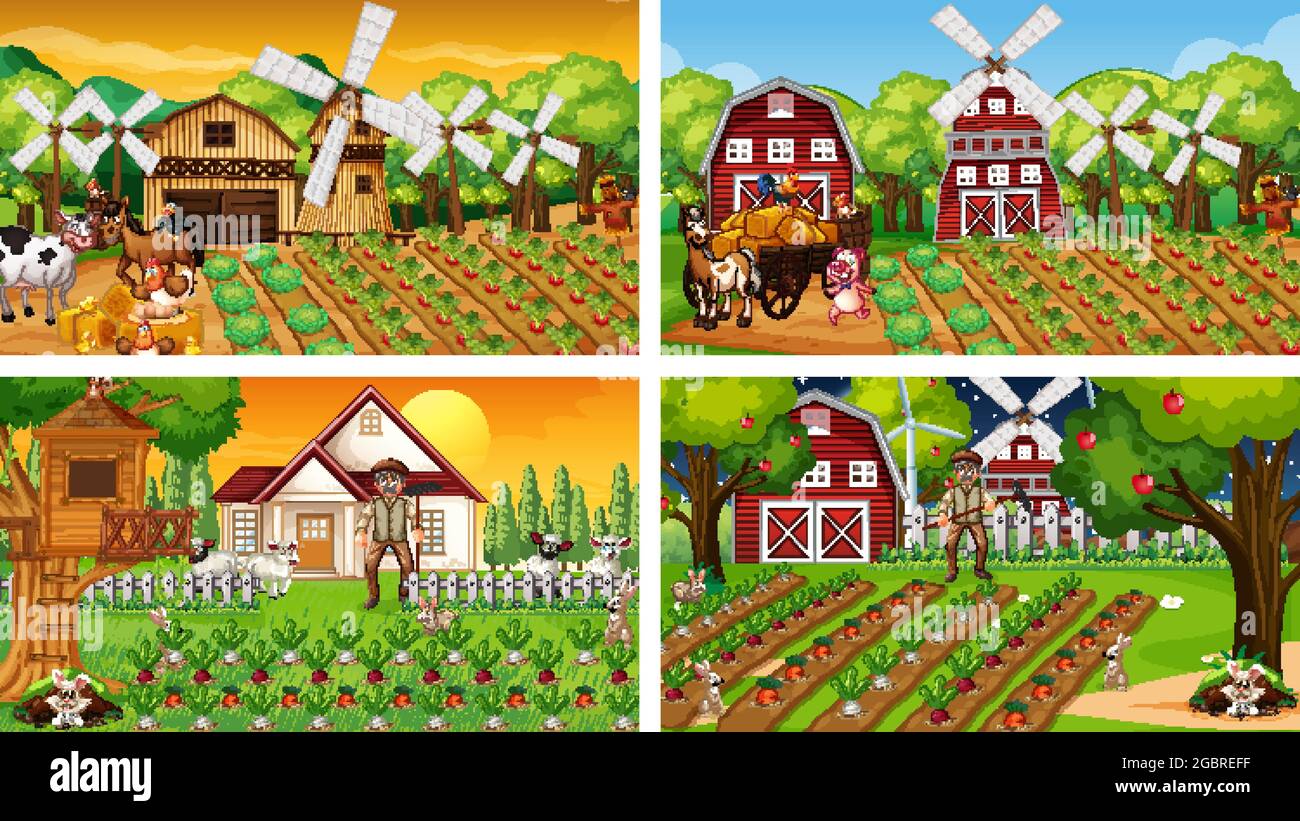 Different farm scenes with old farmer and animal cartoon character ...