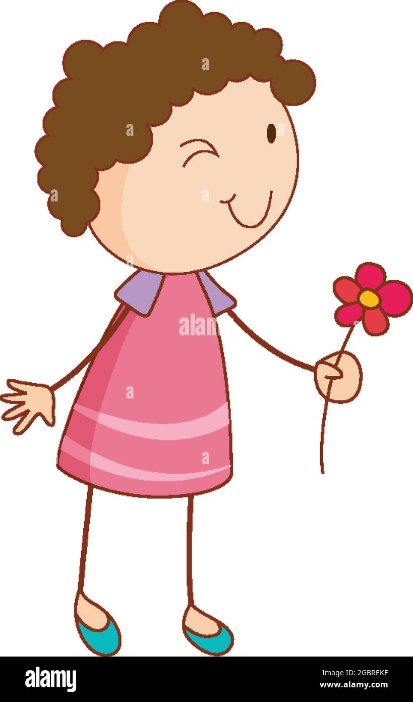 A doodle kid holding flower cartoon character isolated illustration ...