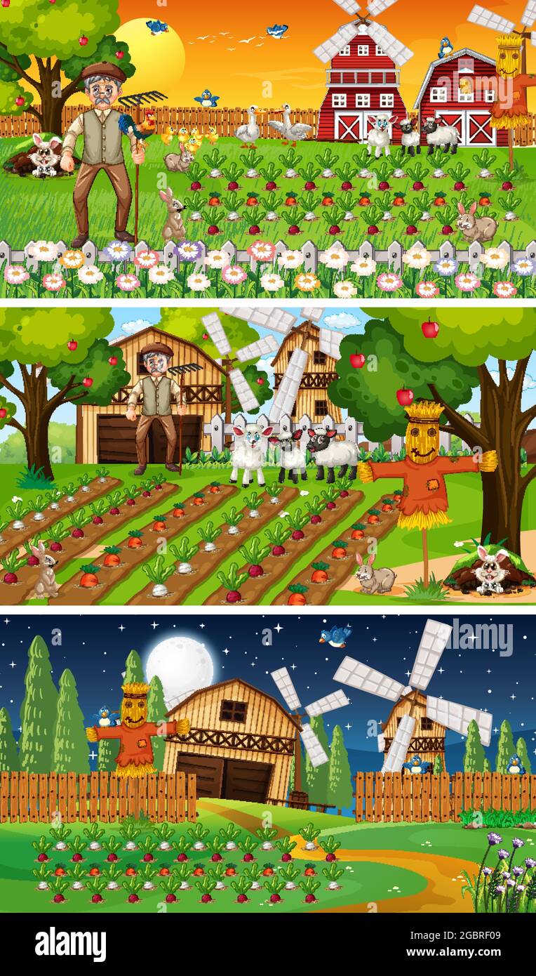Different farm scenes with old farmer and animal cartoon character ...