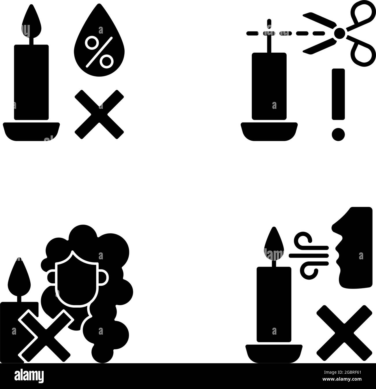 Candle safety warning black glyph manual label icons set on white space ...