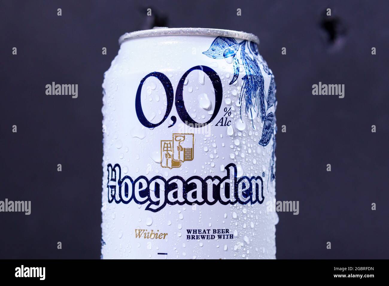 Tyumen, Russia-May 25, 2021: Hoegaarden Beer on dark background ...