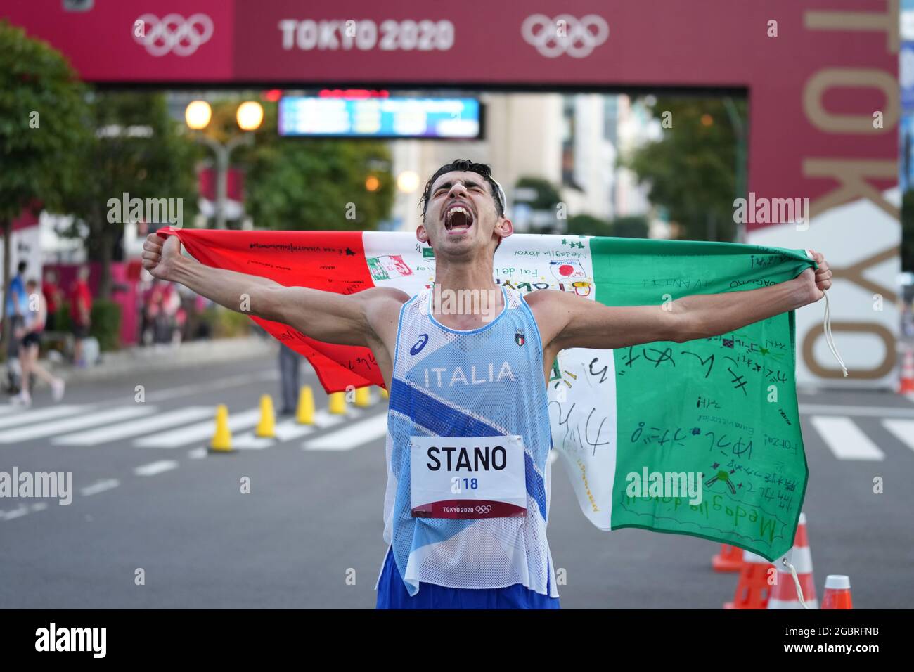 Sapporo, Japan. 5th Aug, 2021. Massimo Stano of Italy celebrates after ...