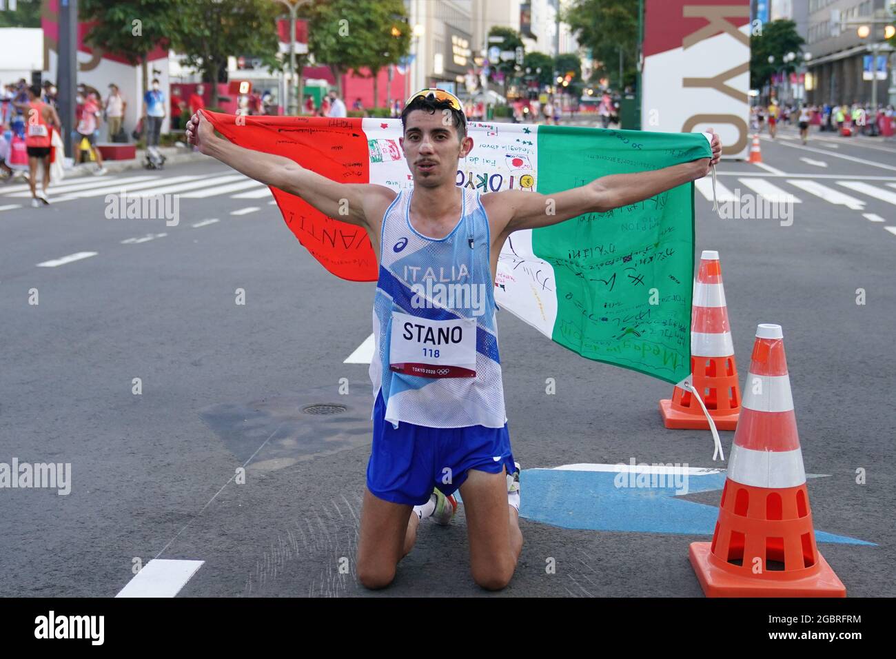 Sapporo, Japan. 5th Aug, 2021. Massimo Stano of Italy celebrates after ...