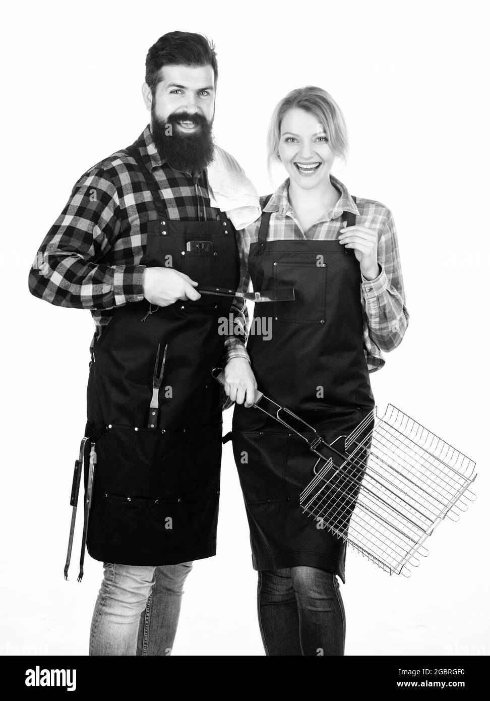 Man bearded hipster and girl ready for barbecue white background ...