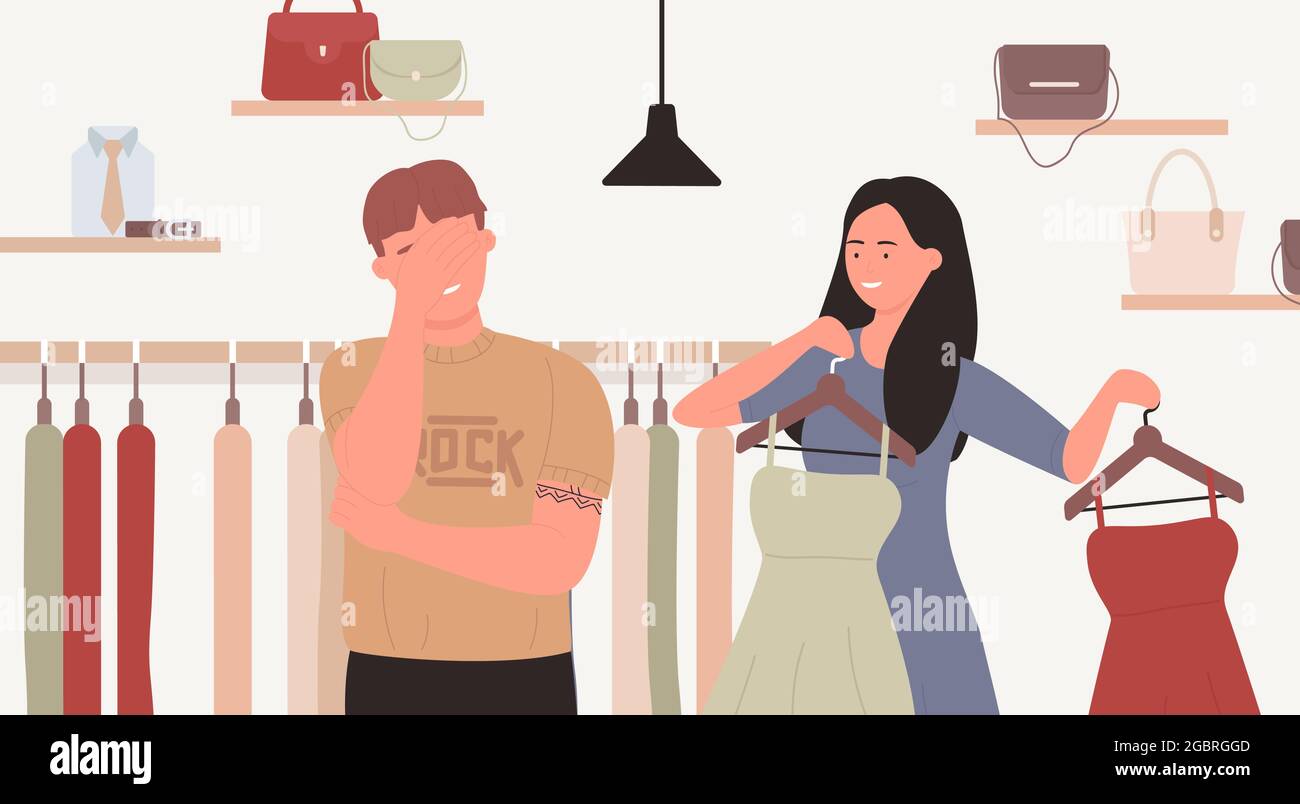 Couple people shopping, buying clothes vector illustration. Cartoon ...