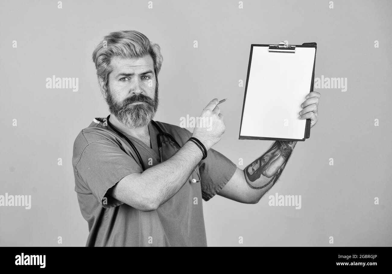 Medical treatment. Man bearded doctor with folder. Hospital treatment ...