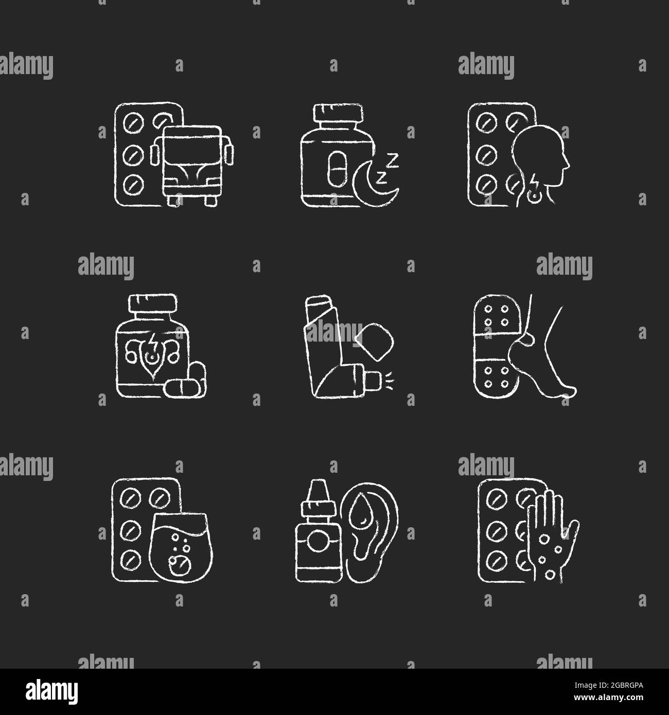 Pharmaceutical drugs chalk white icons set on dark background Stock ...