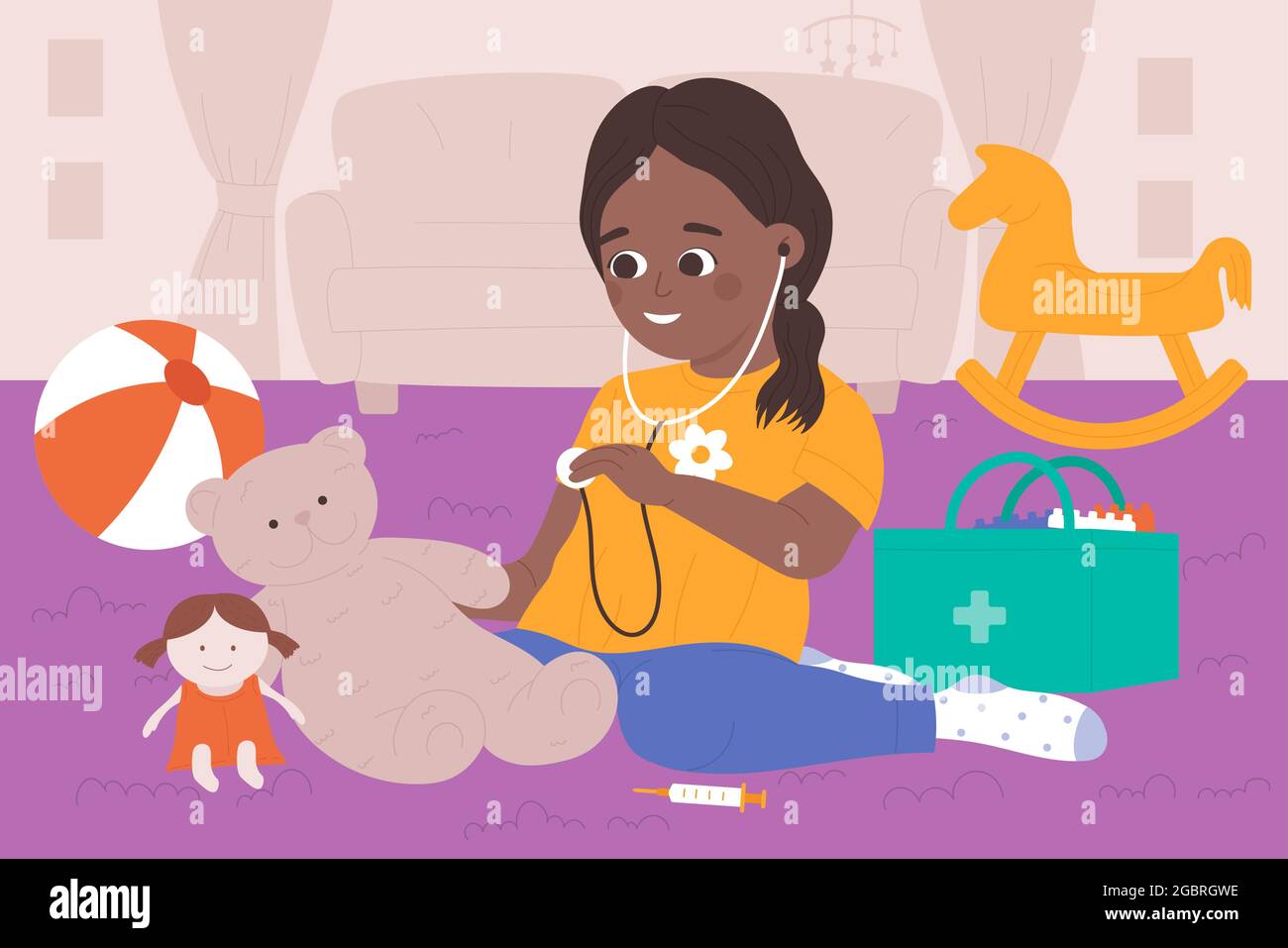 Kid doctor playing with teddy bear in home interior vector illustration ...