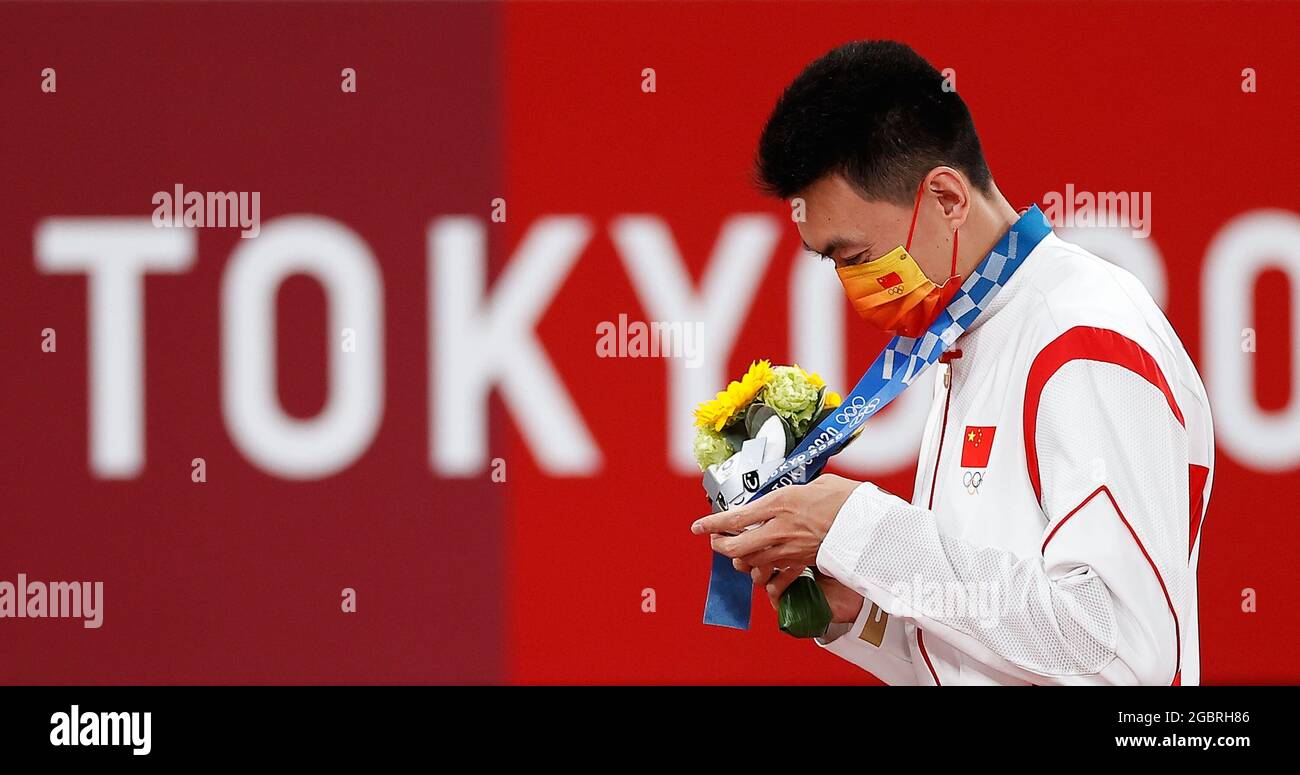 Tokyo, Japan. 5th Aug, 2021. Silver medalist Zhu Yaming of China reacts ...