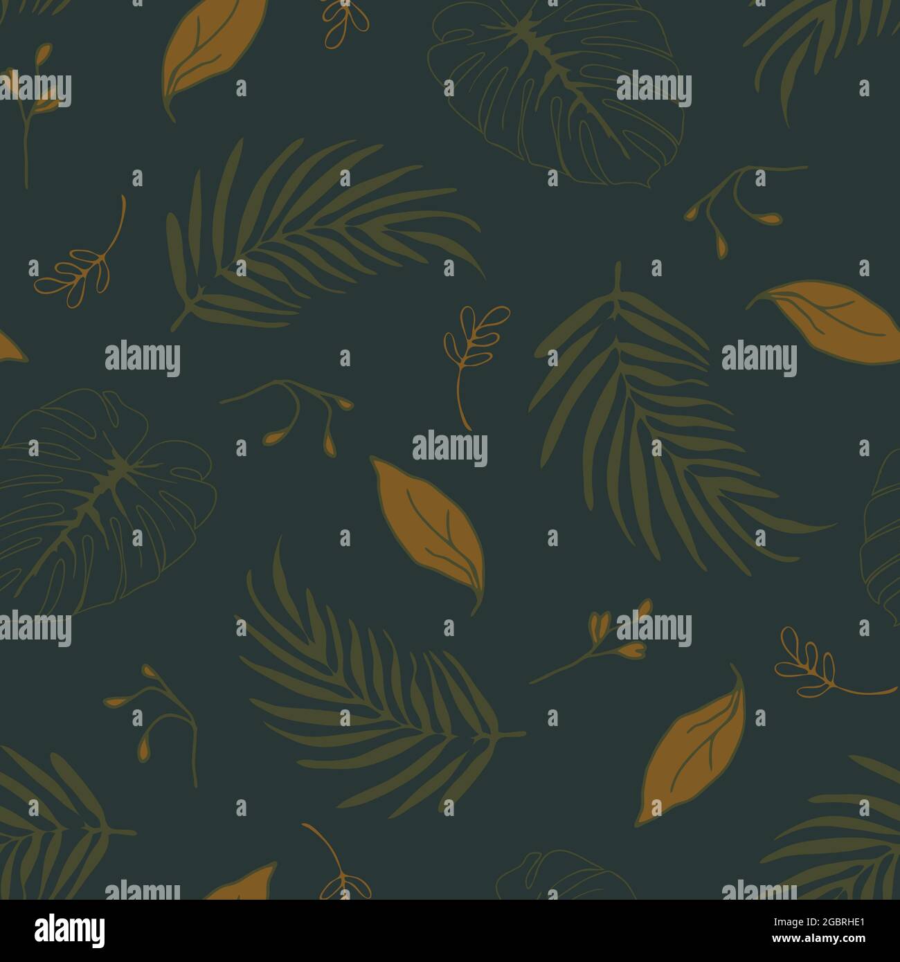 Seamless vector pattern with tropical leaves on green background ...