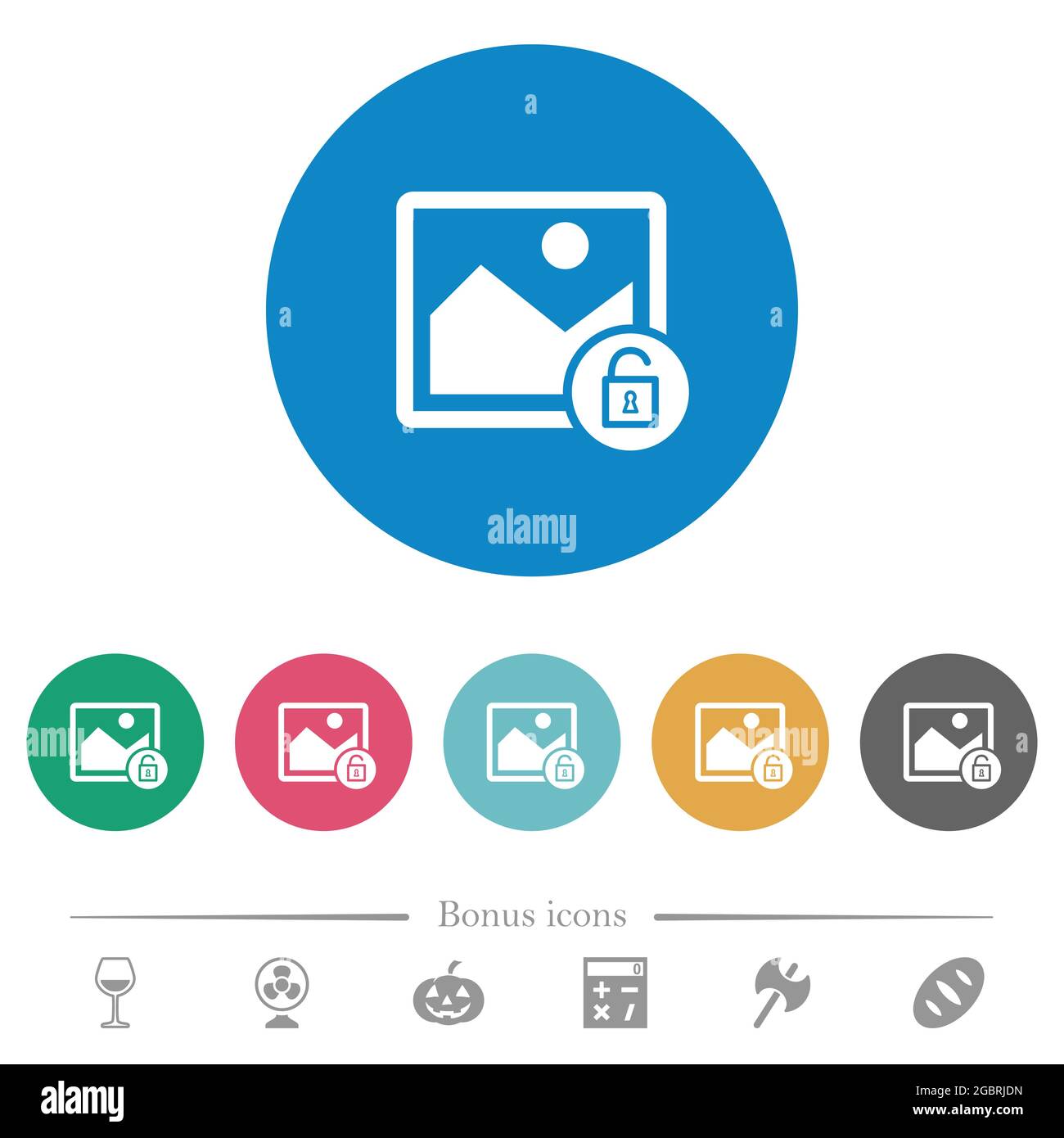 Unlock image flat white icons on round color backgrounds. 6 bonus icons ...