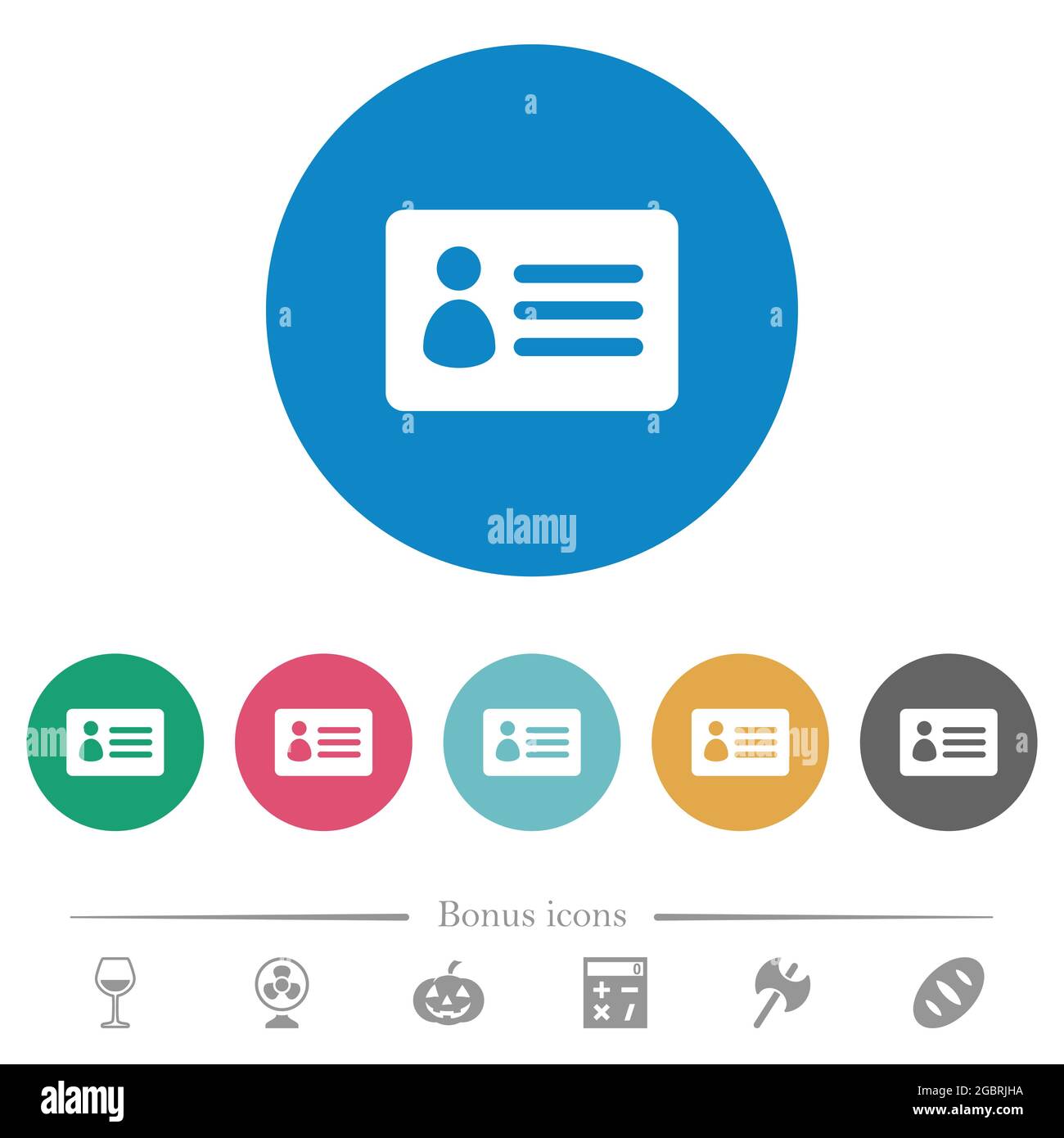 ID card solid flat white icons on round color backgrounds. 6 bonus ...