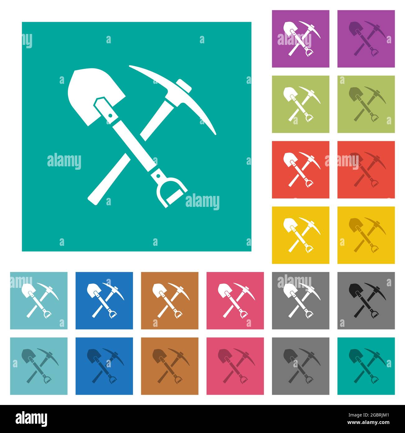 shovel and pickaxe multi colored flat icons on plain square backgrounds ...