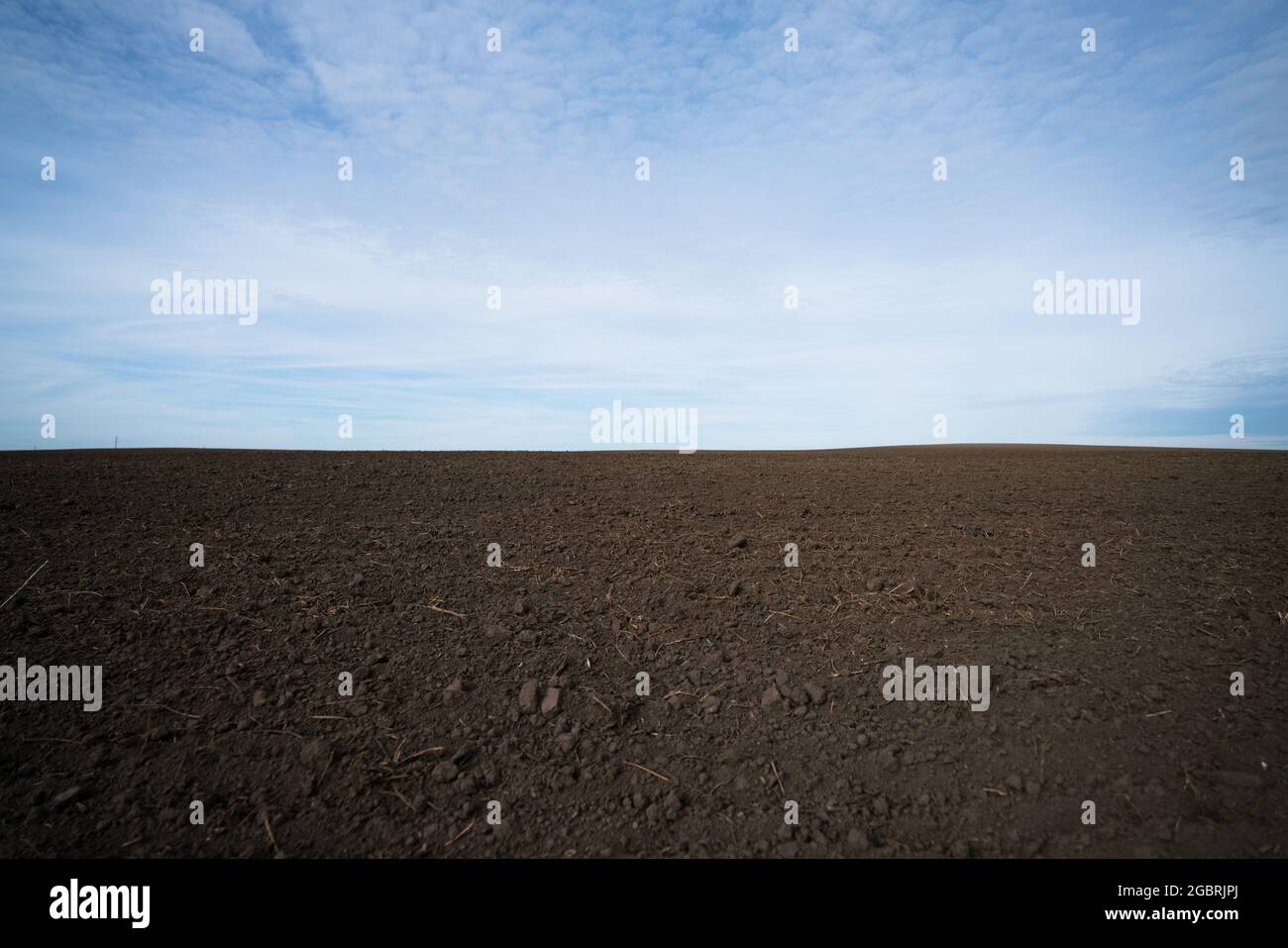 View of a cultivated field on a blue sky background Stock Photo - Alamy