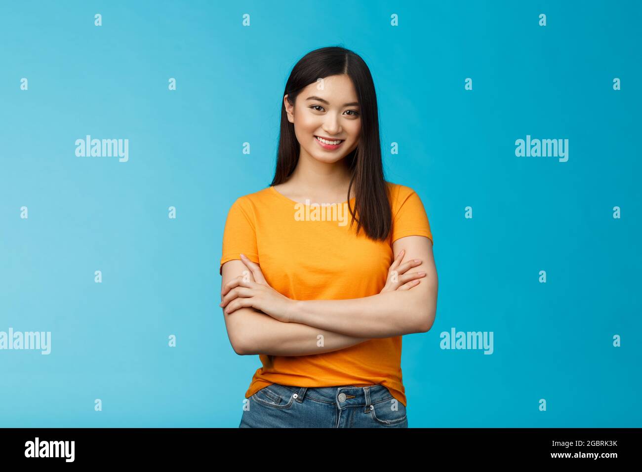 Confident assertive good-looking asian girl with dark short hairstyle ...