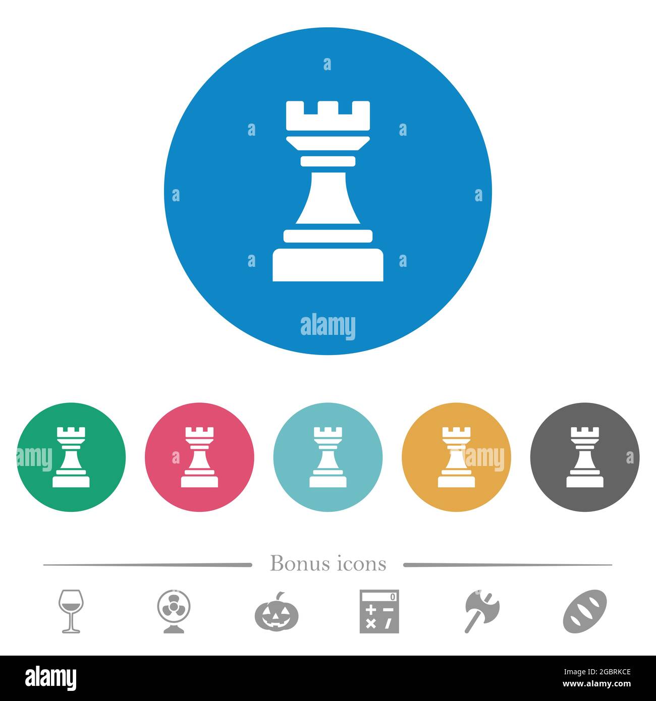 Black chess rook flat white icons on round color backgrounds. 6 bonus ...