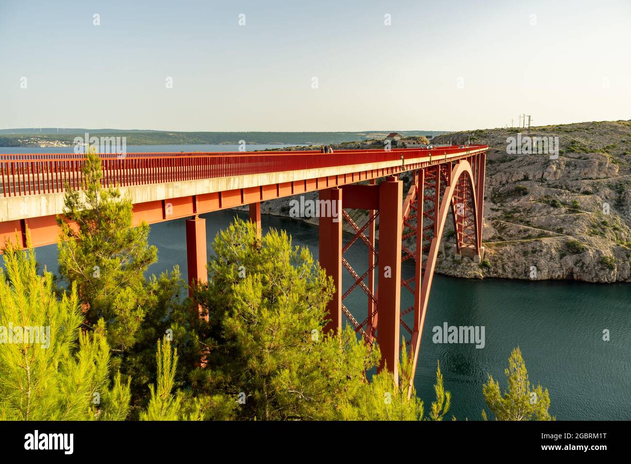 ZADAR, CROATIA - Jul 10, 2021: A long bridge over the Zrmanja river ...