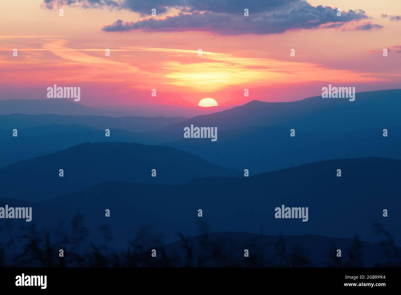 Sunrise. Spring morning. Landscape with high mountains. Foggy morning ...