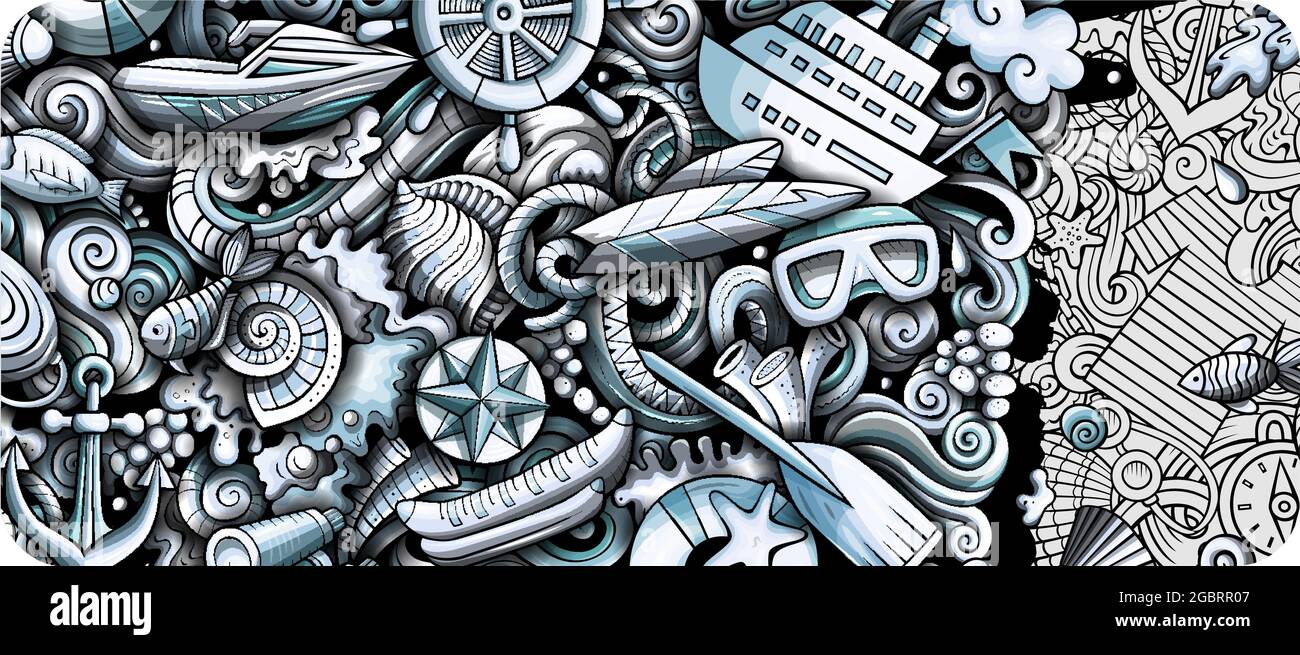 Marine hand drawn doodle banner. Cartoon vector detailed flyer Stock ...