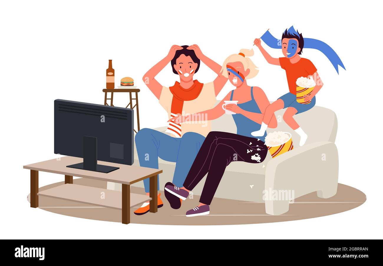 Cartoon father mother and son child fans characters sitting on sofa to ...